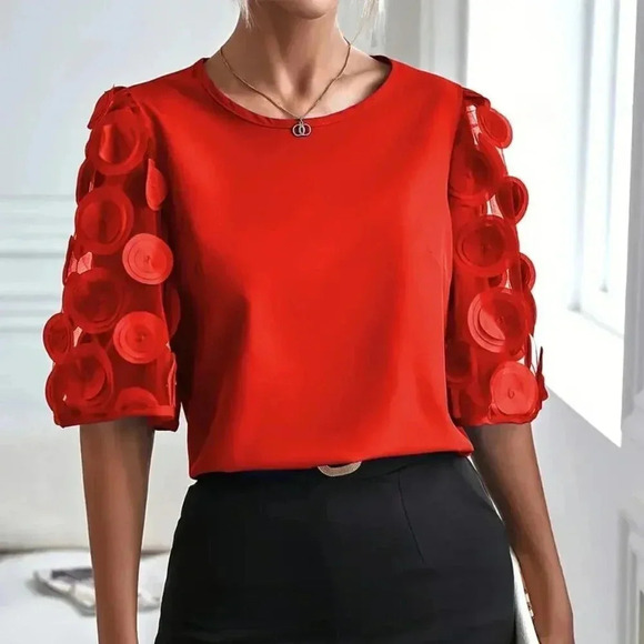High Quality | Tops | Elegant Red Patch Fabric Sleeve Top | Poshmark
